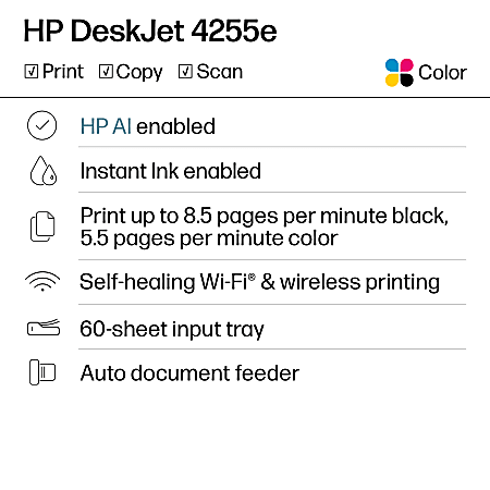 HP DeskJet 4255e Wireless All in One Color Inkjet Printer Scanner Copier Best for home 3 months ...