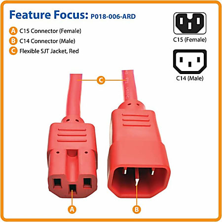 Eaton Tripp Lite Series Power Cord C14 to C15 Heavy Duty 15A 250V 14 AWG 6 ft. 1.83 m Red Power ...