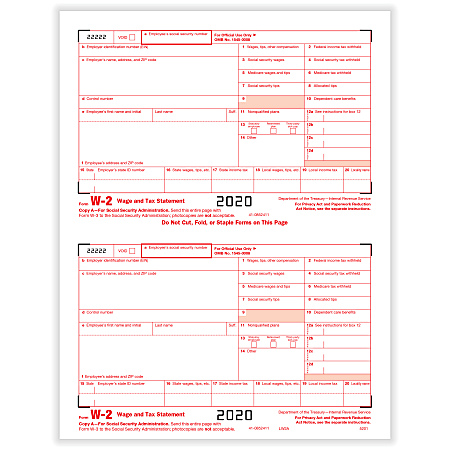 ComplyRight™ W-2 Tax Forms, 2-Up, IRS Federal Copy A, Laser, 8-1/2" x ...