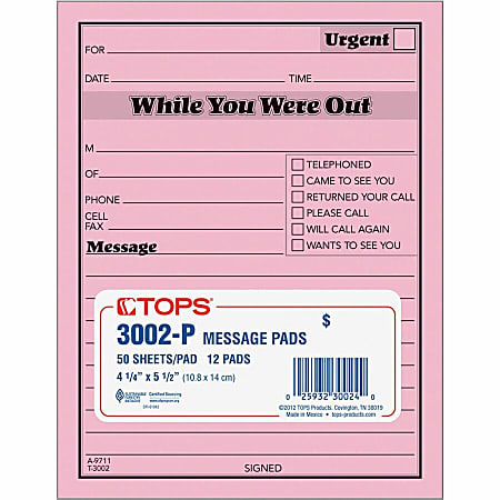 TOPS Important Message Note Pads 4 12 x 5 12 Pink Pack Of 12 - Office Depot