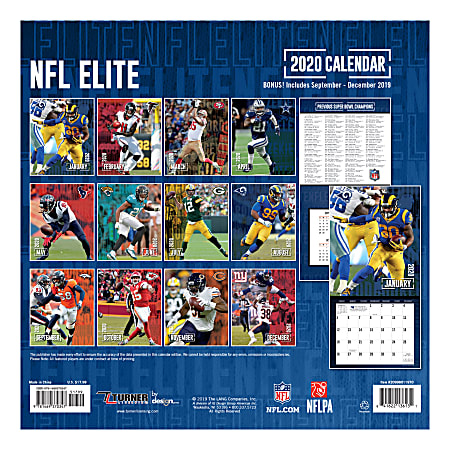 Turner Licensing Monthly Wall Calendar 12 x 12 NFL Elite 2020 - Office ...